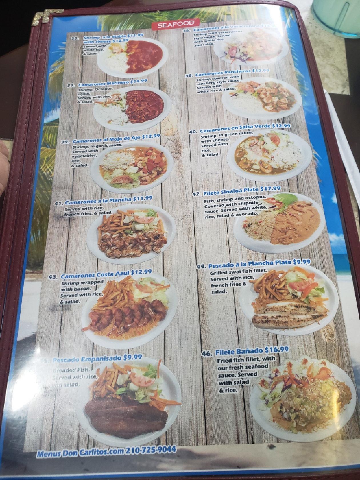 Menu at Mariscos El Marinero restaurant, San Antonio, McCullough Ave
