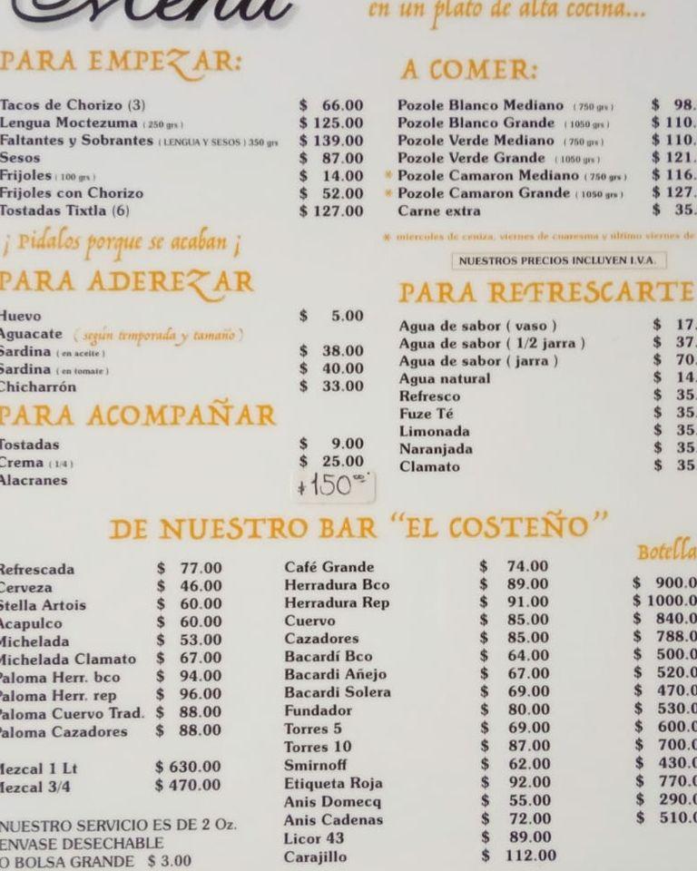 Carta del restaurante El Pozole del Moctezuma, Ciudad del México