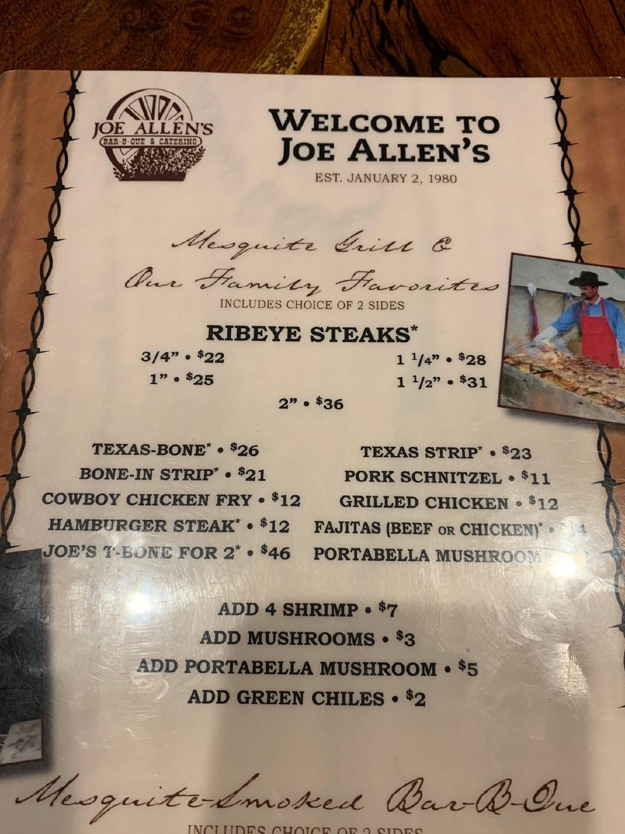Menu at Joe Allen's Catering BBQ, Abilene