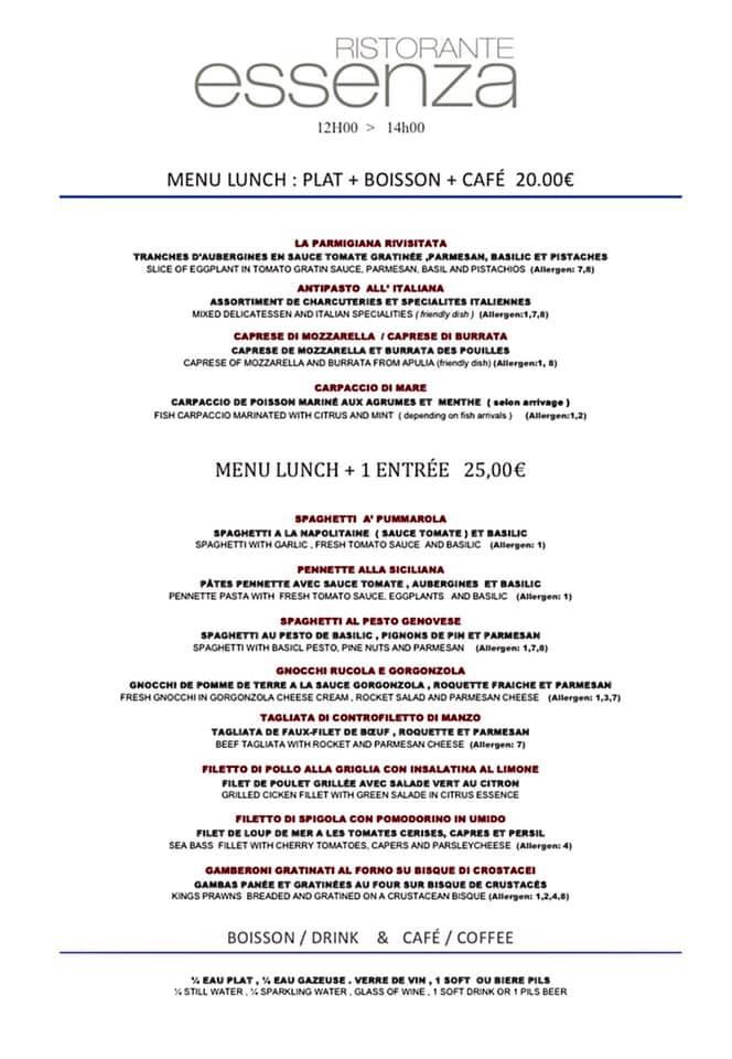 Menu at Ristorante Essenza restaurant, Luxembourg City