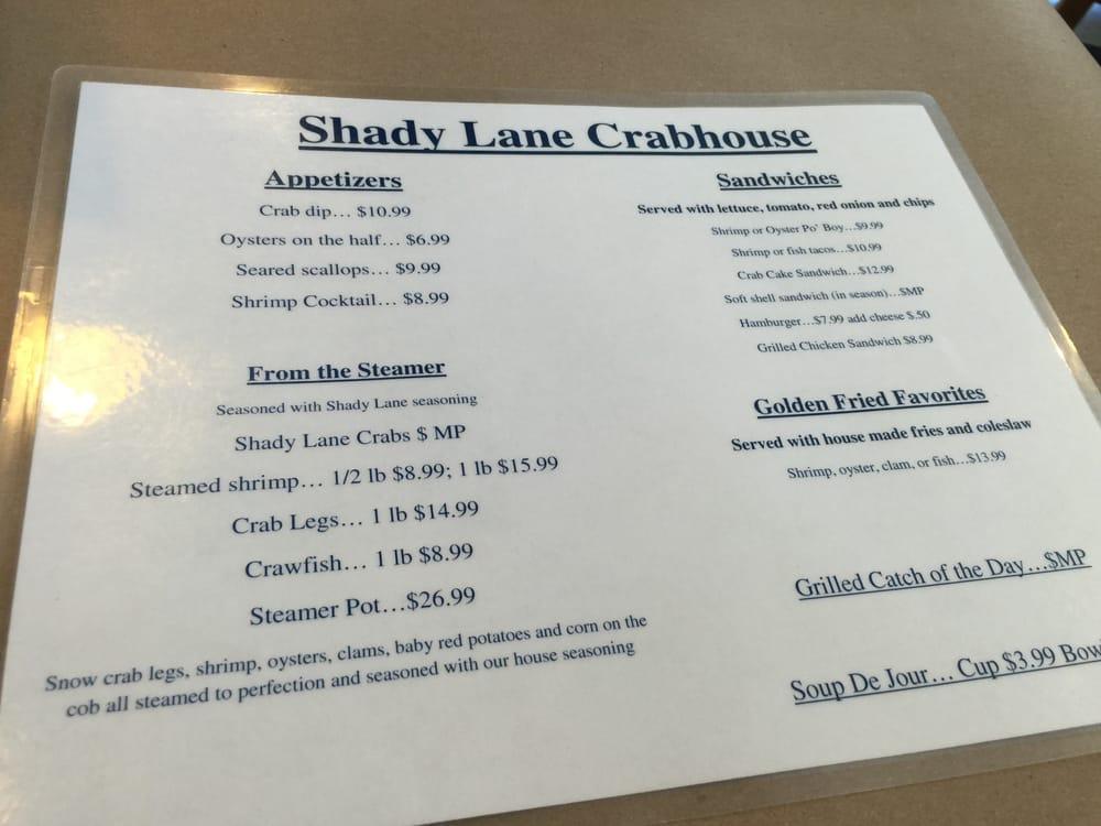 Menu at Shady Lane Crab House restaurant, Colonial Beach