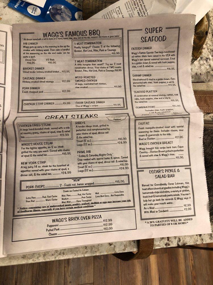 Menu at Wagg's Bar-B-Q, Woodward