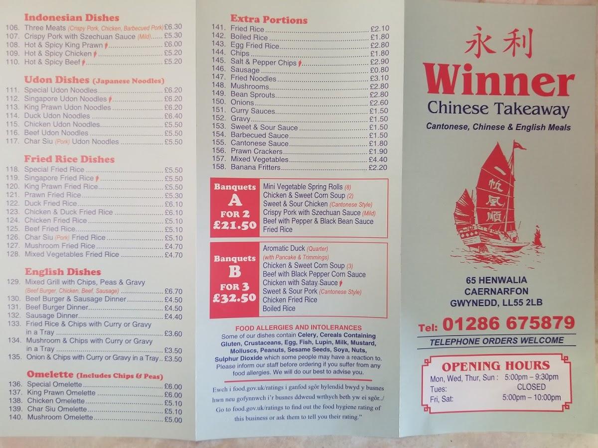 Menu at Winner Chinese Takeaway fast food, Caernarfon