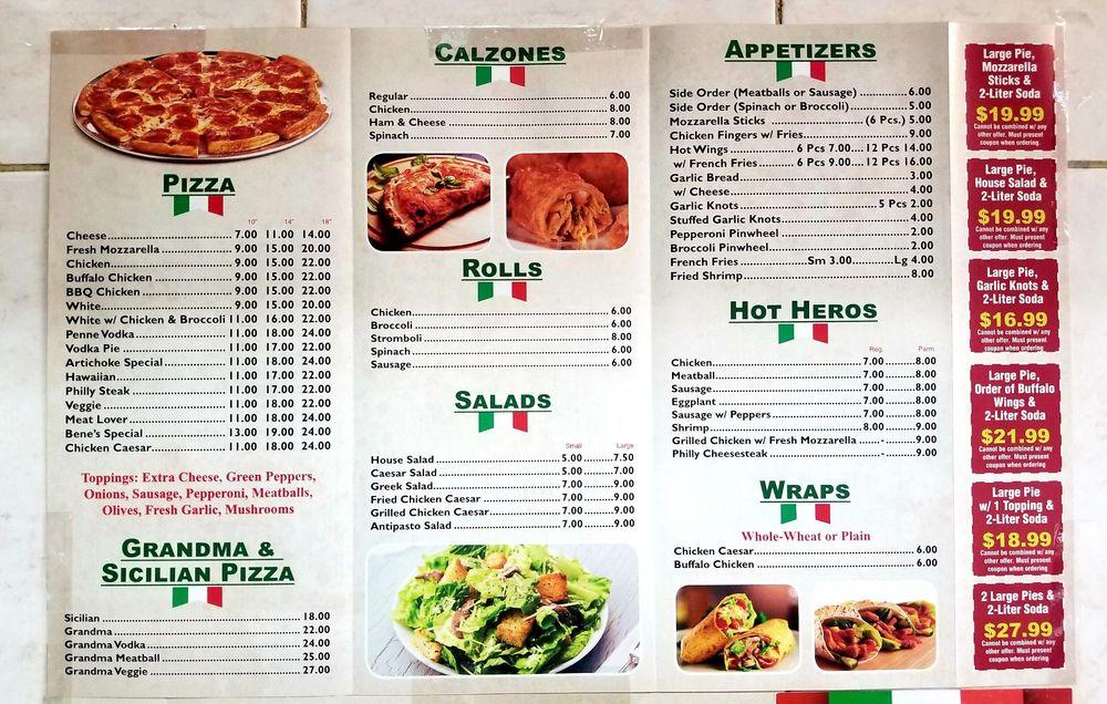 Carta de pizzería Bene pizza, Nueva York