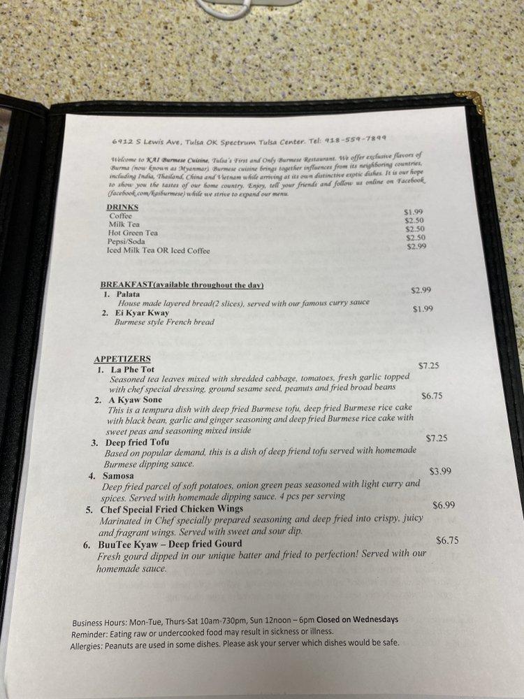 Menu at KAI Burmese Cuisine restaurant, Tulsa