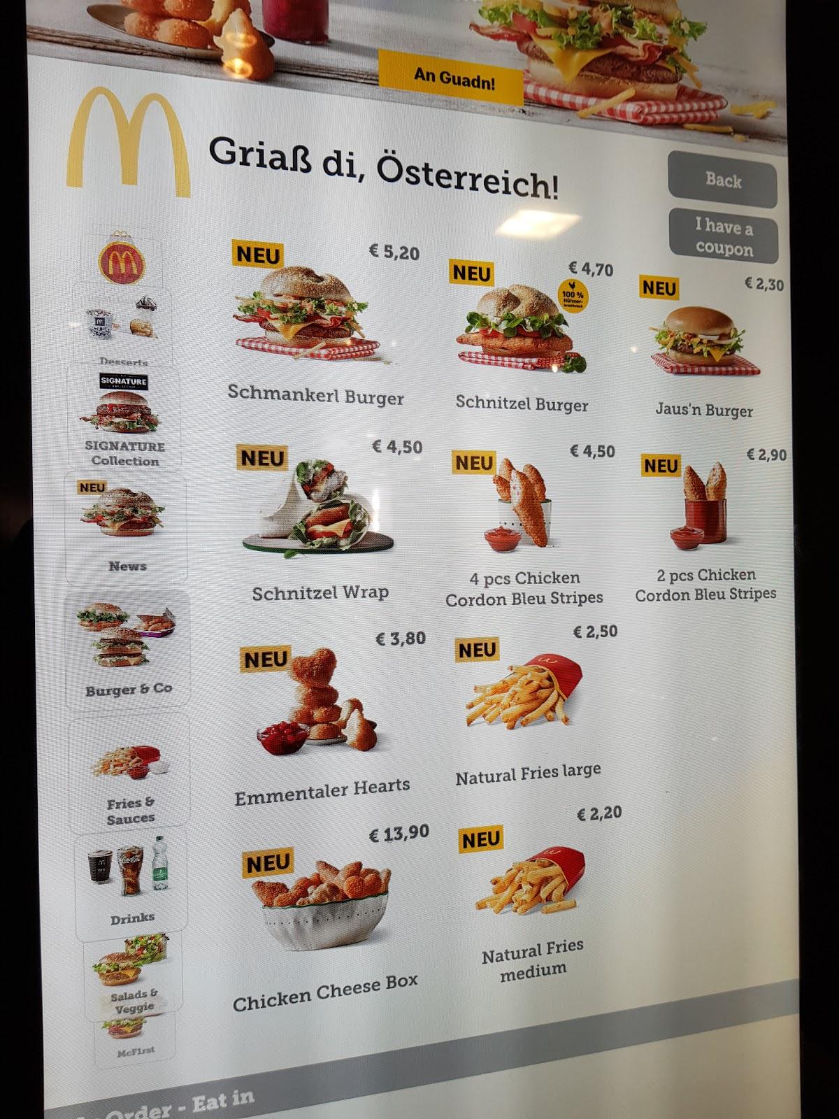 Speisekarte von McDonald's Wien fast Food, Wien, Singerstraße 4