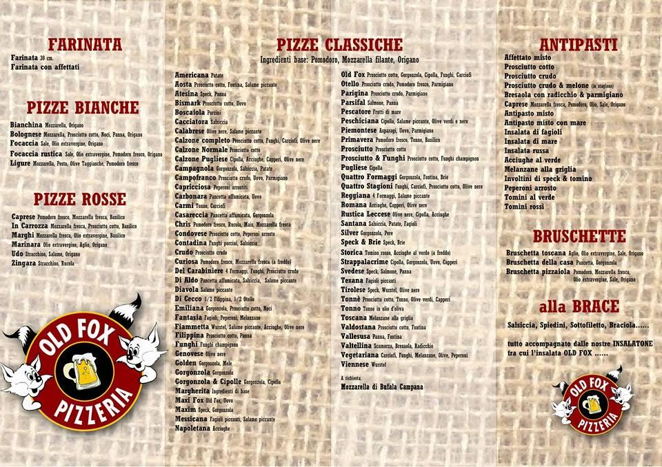 Menu at Old Fox pizzeria, Condove
