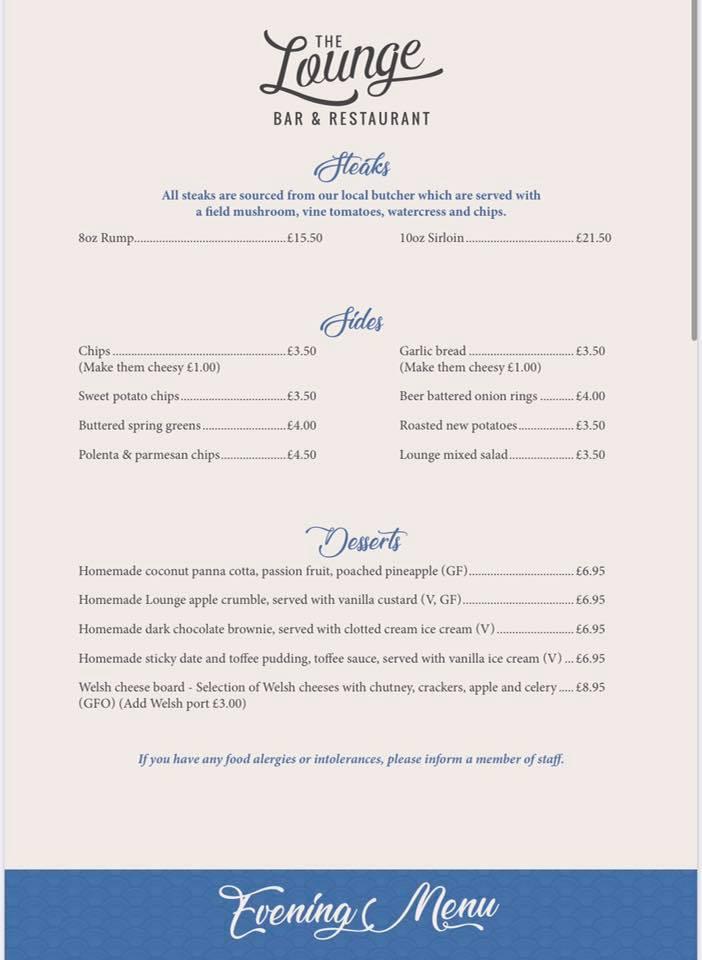 Menu at The Lounge restaurant, Milford Haven