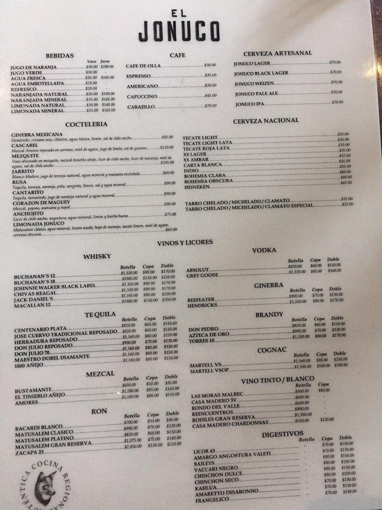 Carta del restaurante El Jonuco, Apodaca