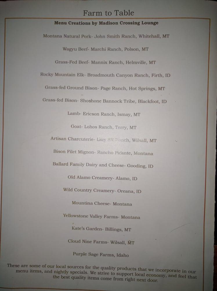 Menu at Madison Crossing Lounge pub & bar, West Yellowstone