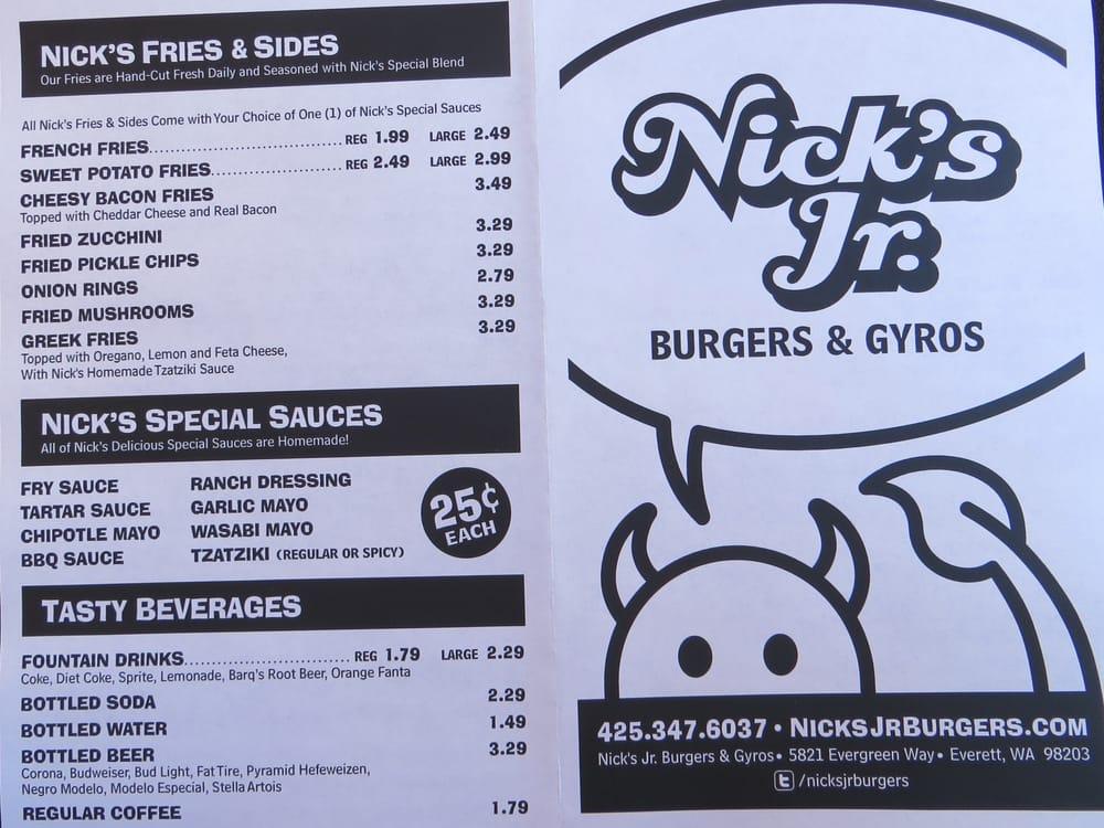 Menu at Nick's Jr Burgers & Gyros restaurant, Everett