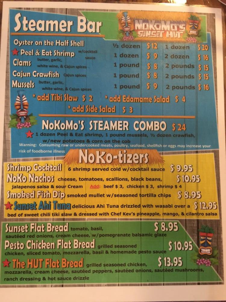 Menu at Nokomo's Sunset Hut restaurant, Nokomis
