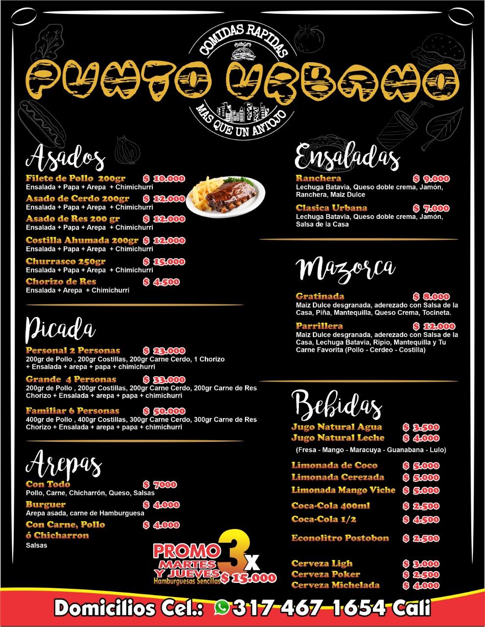 Menu at Punto Urbano restaurant, Cali