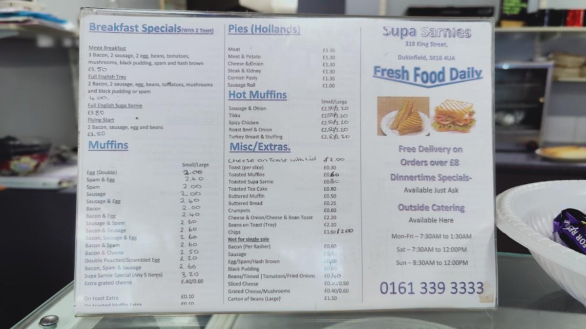 Menu at Supa Sarnies fast food, Dukinfield