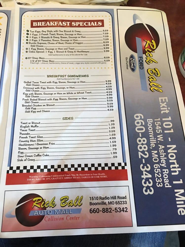 Menu at The 87 Diner restaurant, Boonville