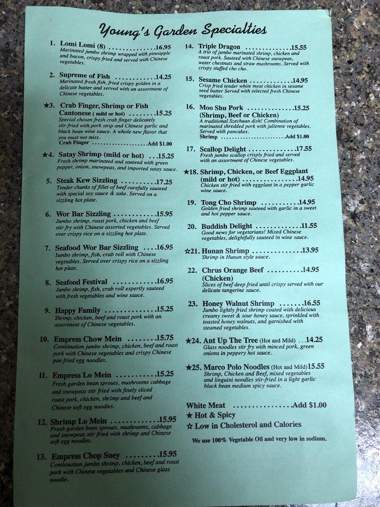 Menu at Young's Garden Chinese Restaurant, Kenner, Williams Blvd