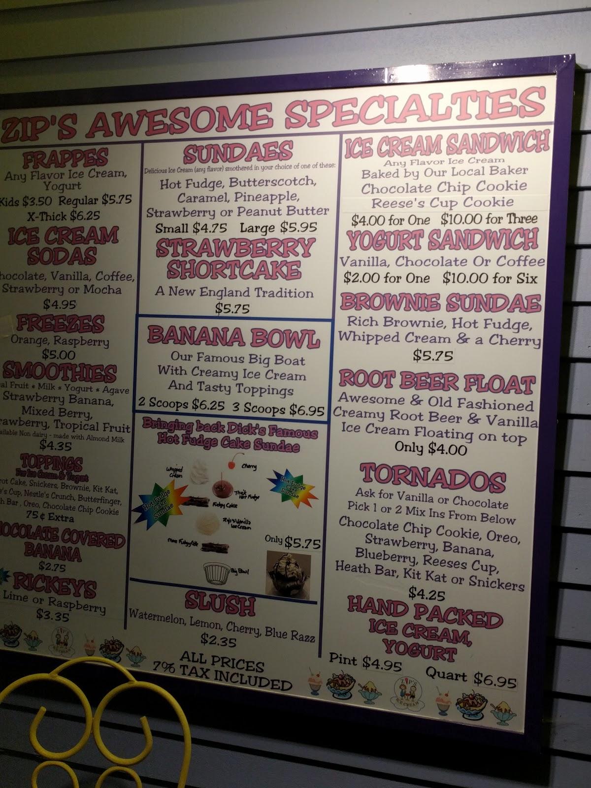 Menu at Zip's Ice Cream, Beverly