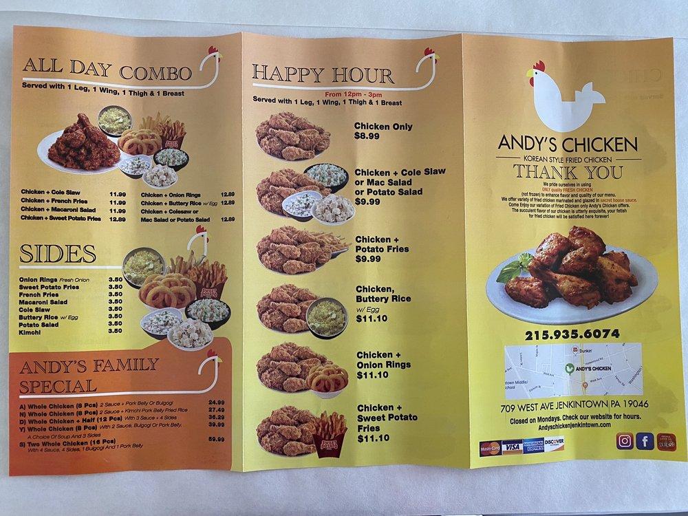 Menu at Andy's Chicken restaurant, Jenkintown