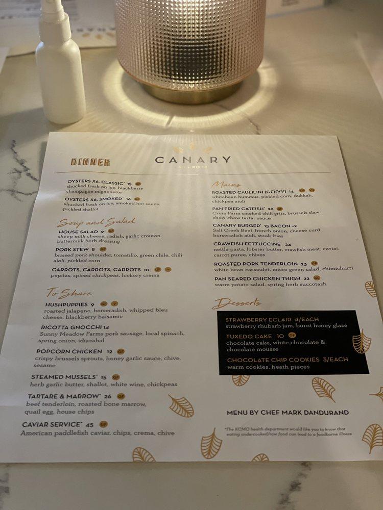 Menu at Canary pub & bar, Kansas City, Main St