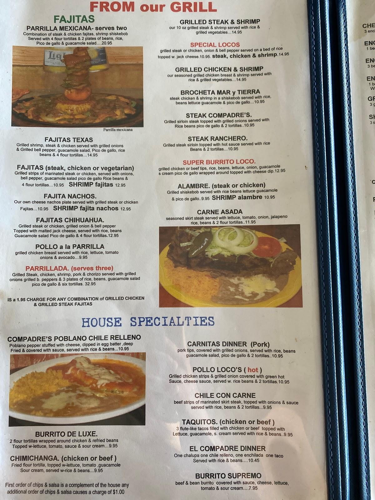 Menu at Los Compadres restaurant, Cordele