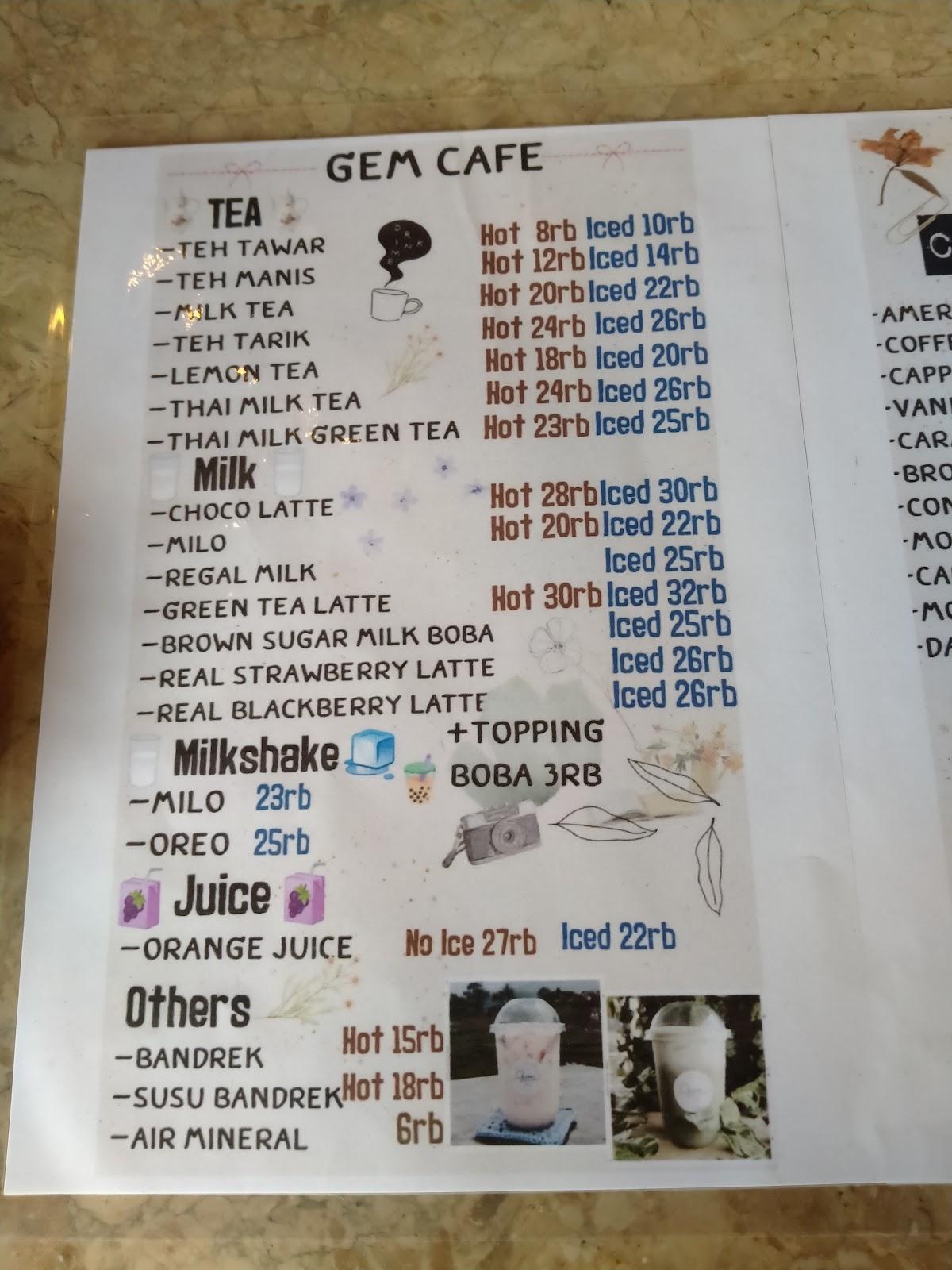 Menu at Gem cafe, Ciloto