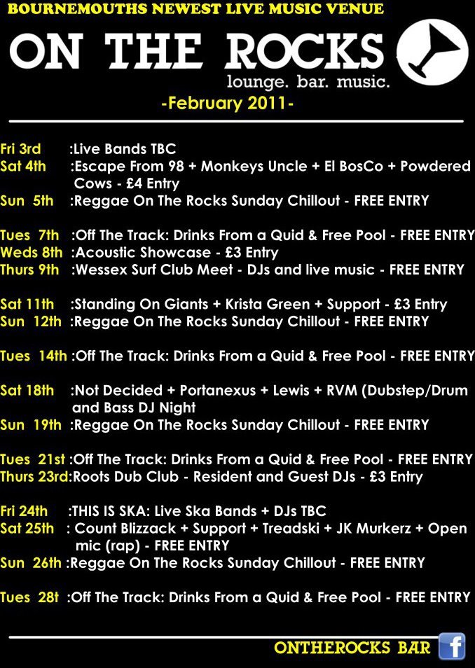 Menu at On The Rocks - Lounge. bar. music., Bournemouth