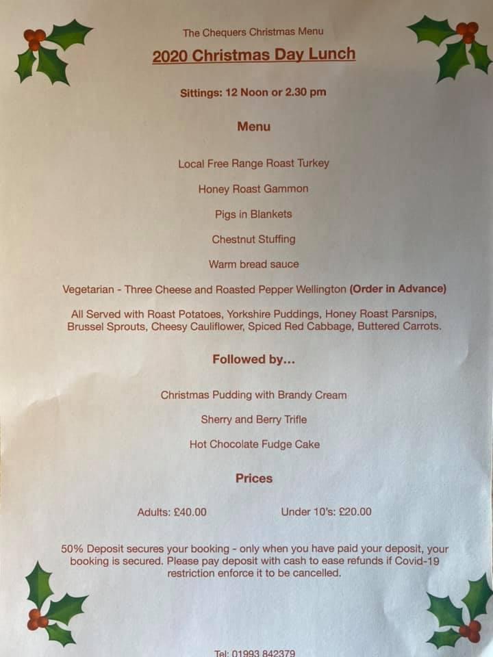 Menu at The Chequers restaurant, Carterton
