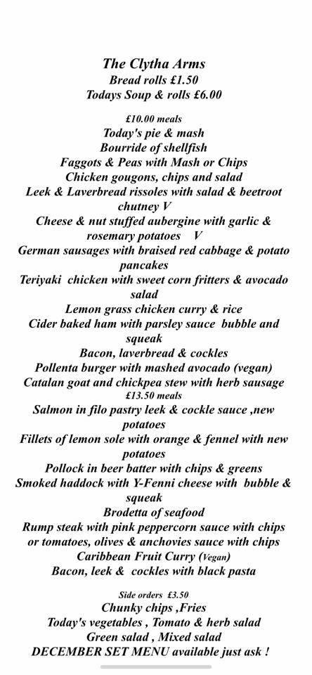 Menu at The Clytha Arms pub & bar, England, Clytha