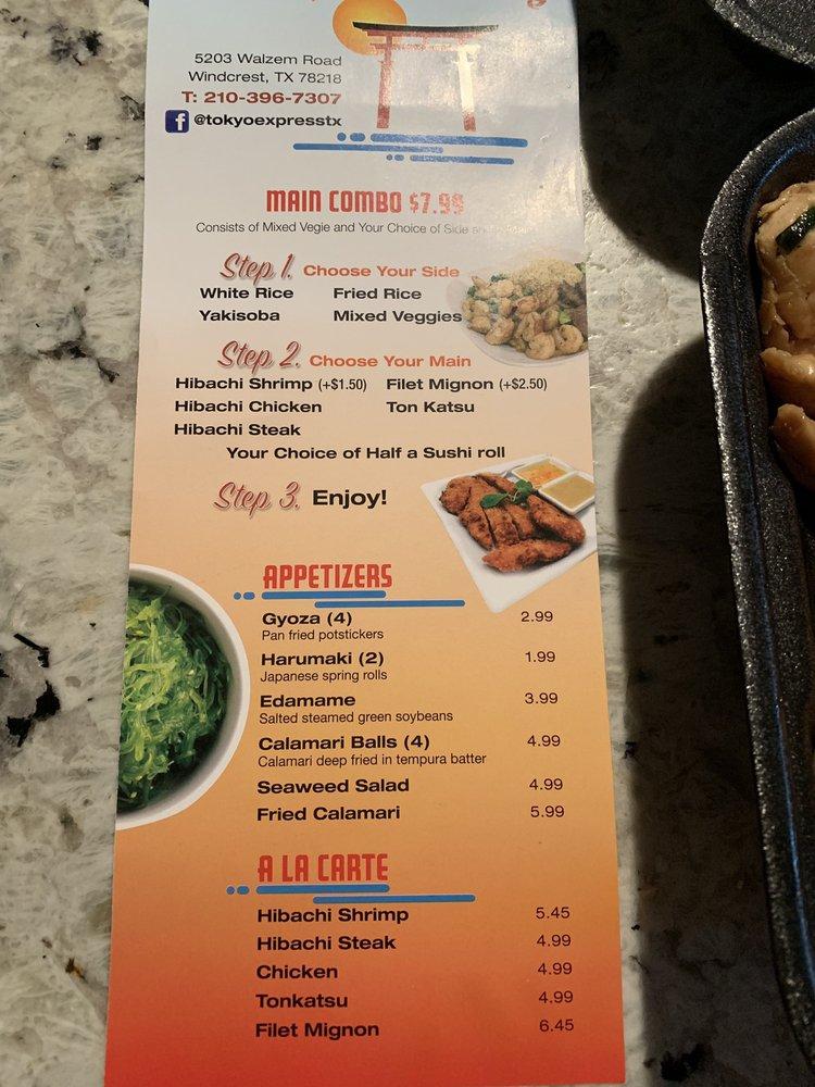 Menu at Tokyo Express restaurant, Windcrest