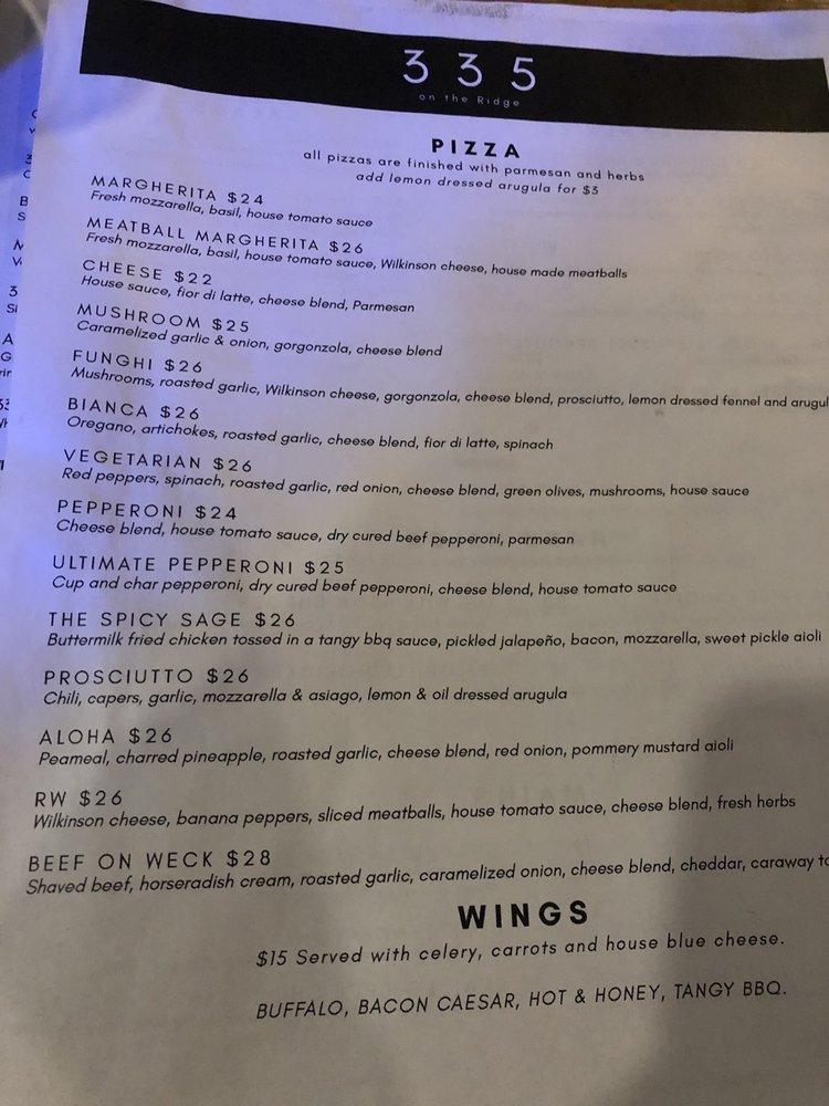Menu at 335 on the Ridge pizzeria, Fort Erie