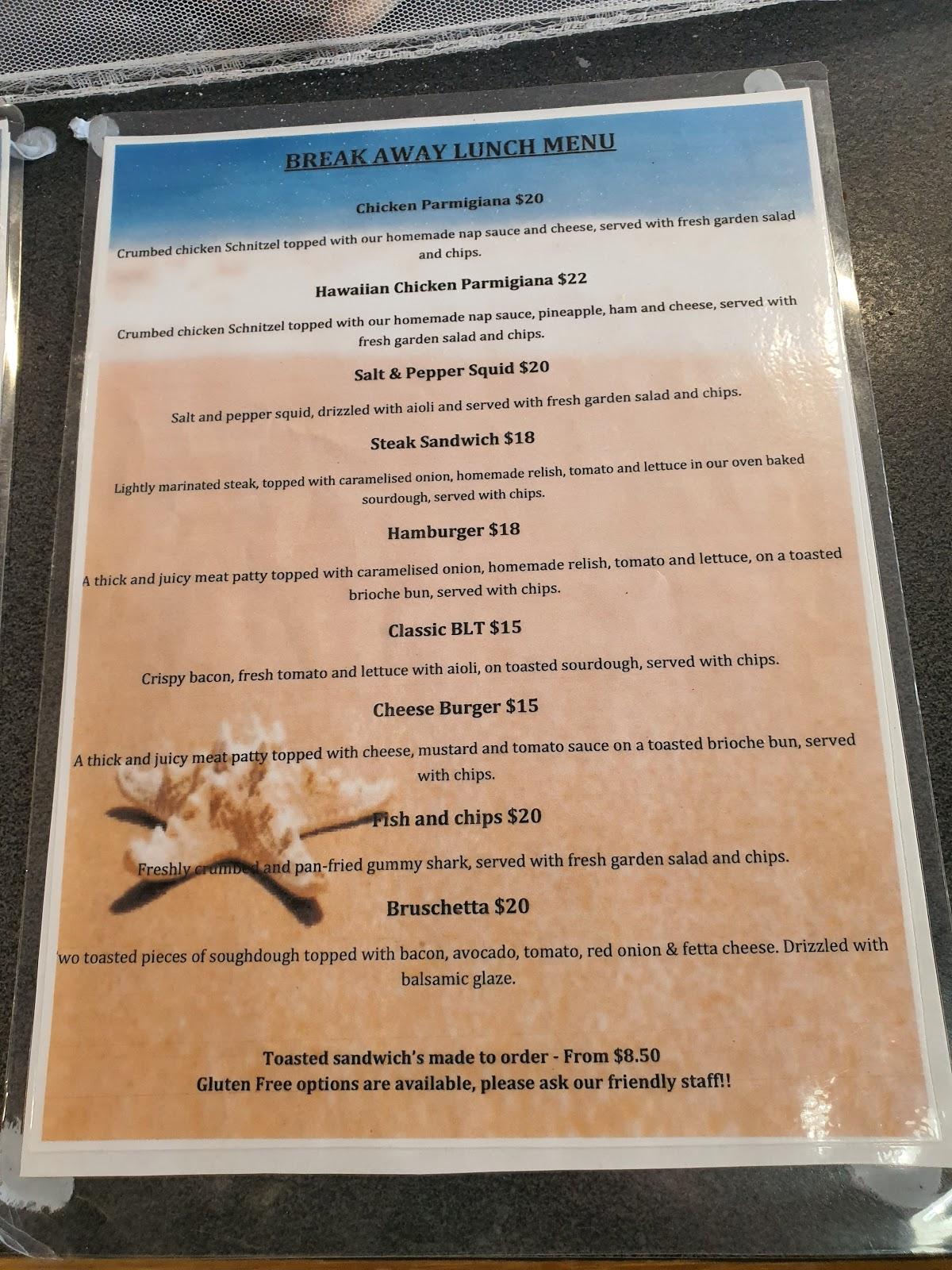 Menu at Break Away Cafe, Esperance