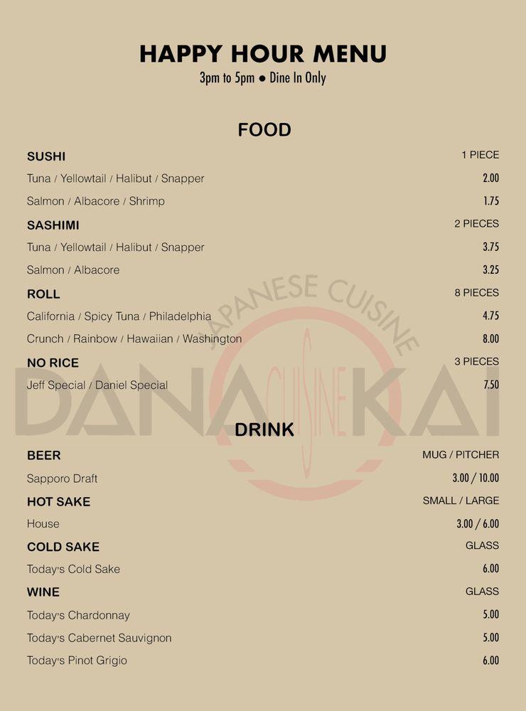 Carta del restaurante Dana Kai, Dana Point, Camino Del Avion # A