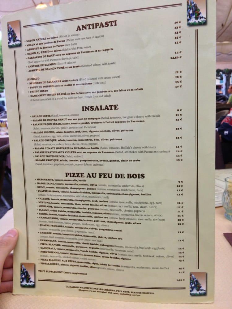Menu au La Cascade pizzeria, Antibes