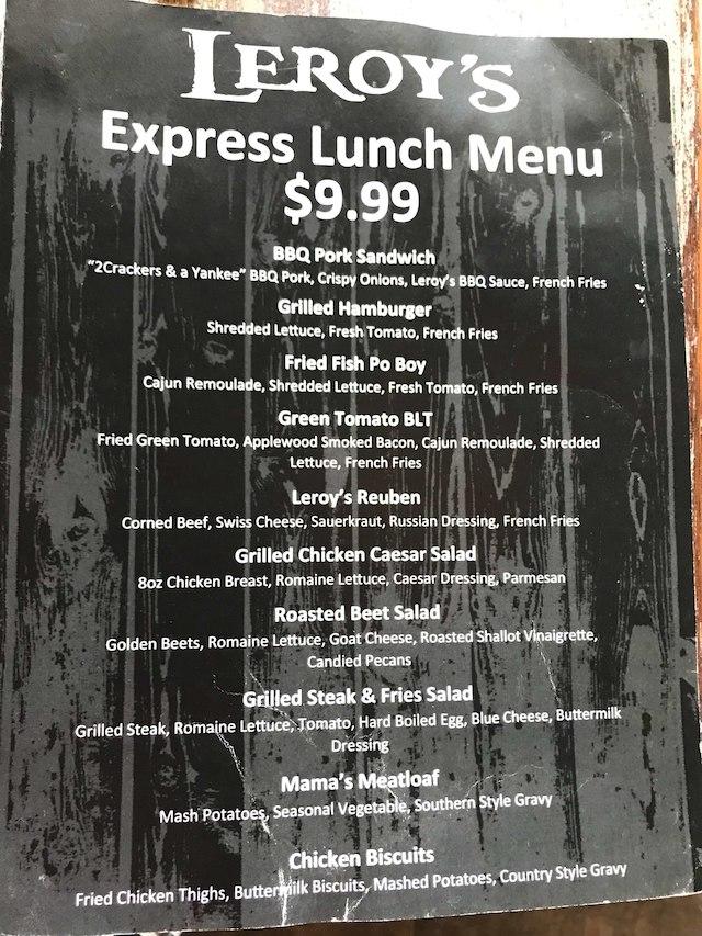 Menu at Leroy's Southern Kitchen & Bar, Punta Gorda