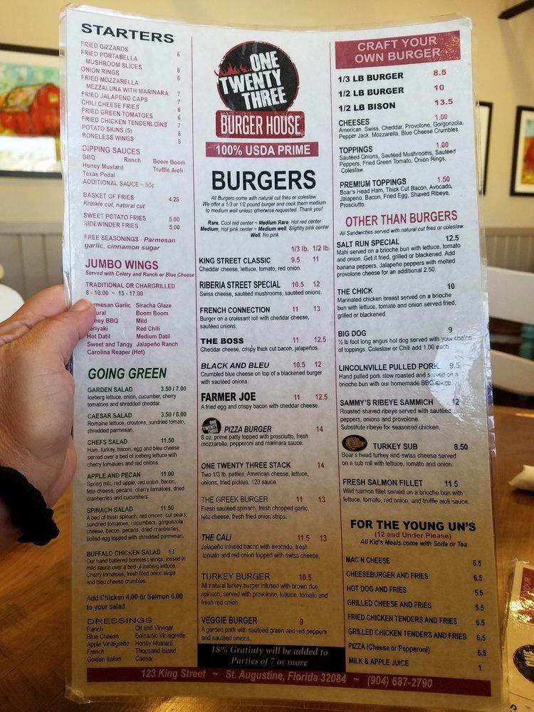 Menu at One Twenty Three Burger House restaurant, St. Augustine