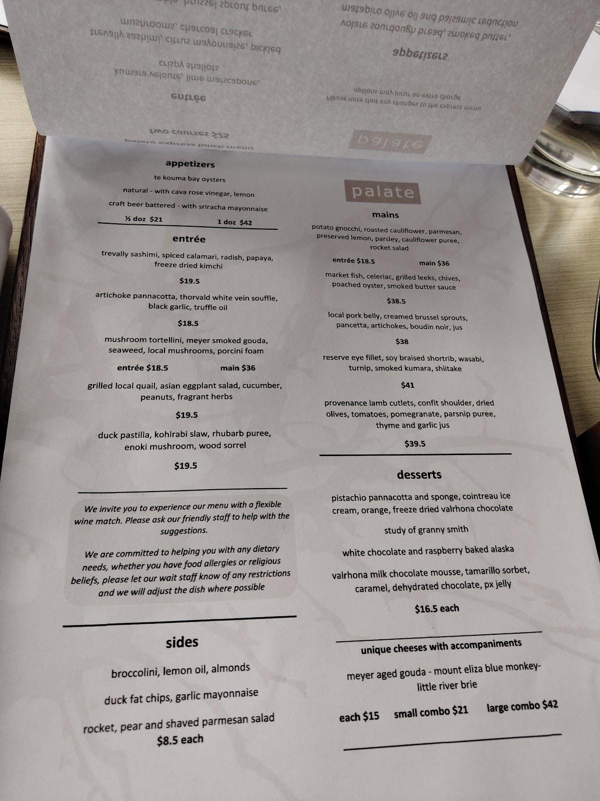 Menu at Palate Restaurant, Hamilton