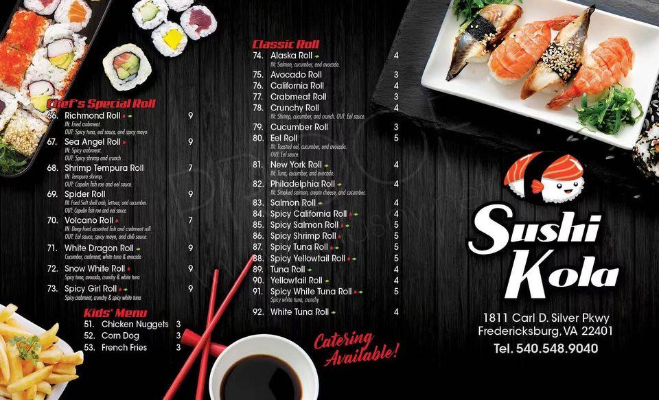 Menu at Sushi Kola restaurant, Fredericksburg