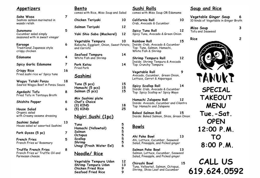 Menu at Tanuki restaurant, San Diego