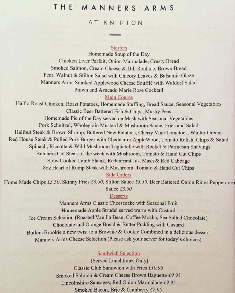 Menu at The Manners Arms restaurant, Belvoir
