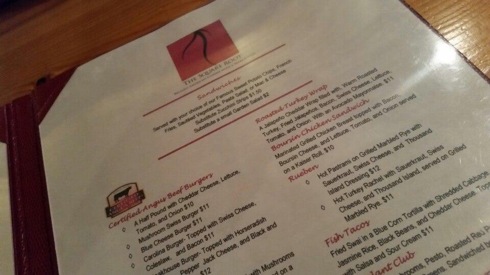 Menu at The Square Root restaurant, Brevard