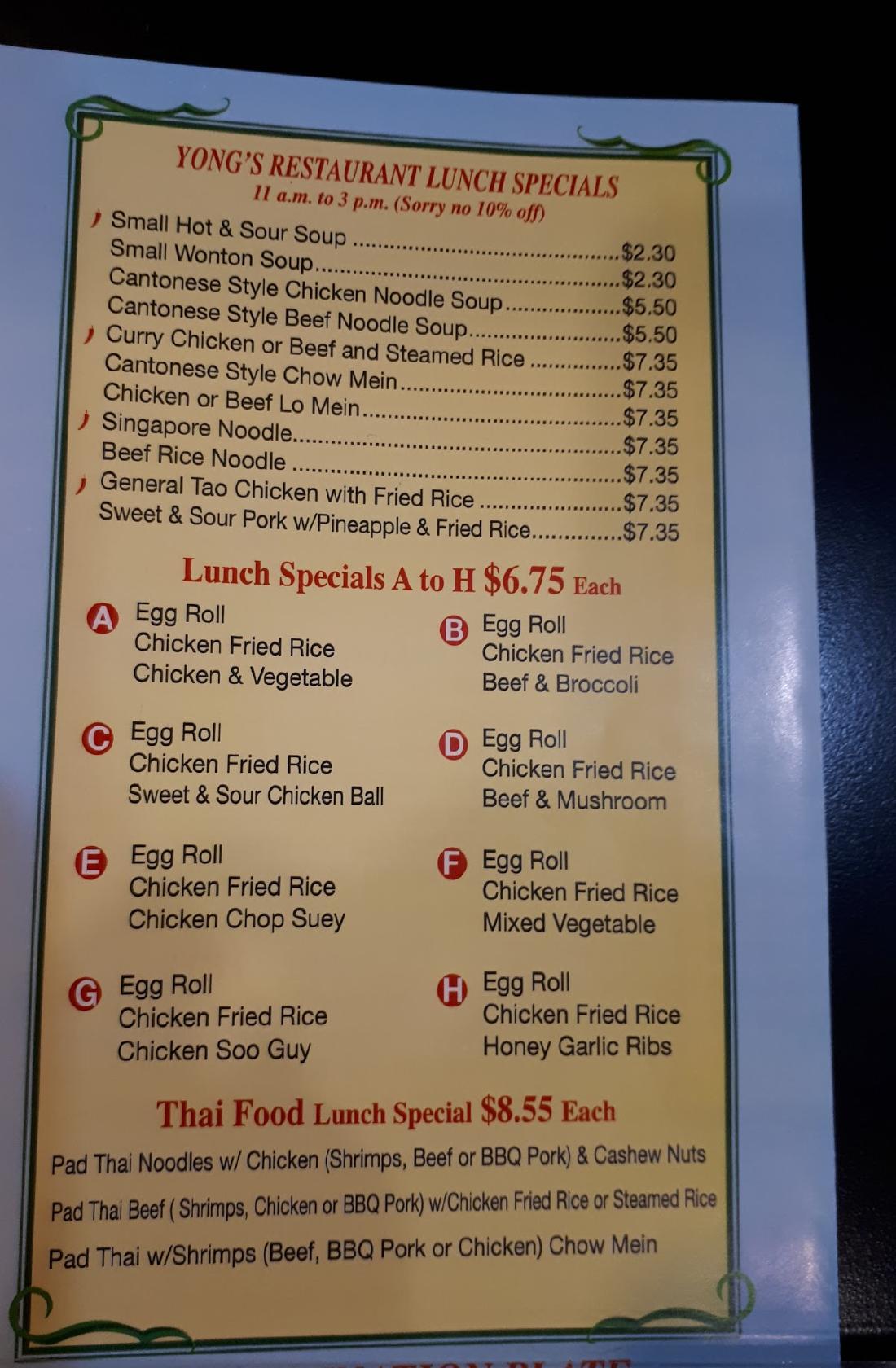 Menu at Yong's Restaurant, Halton Hills