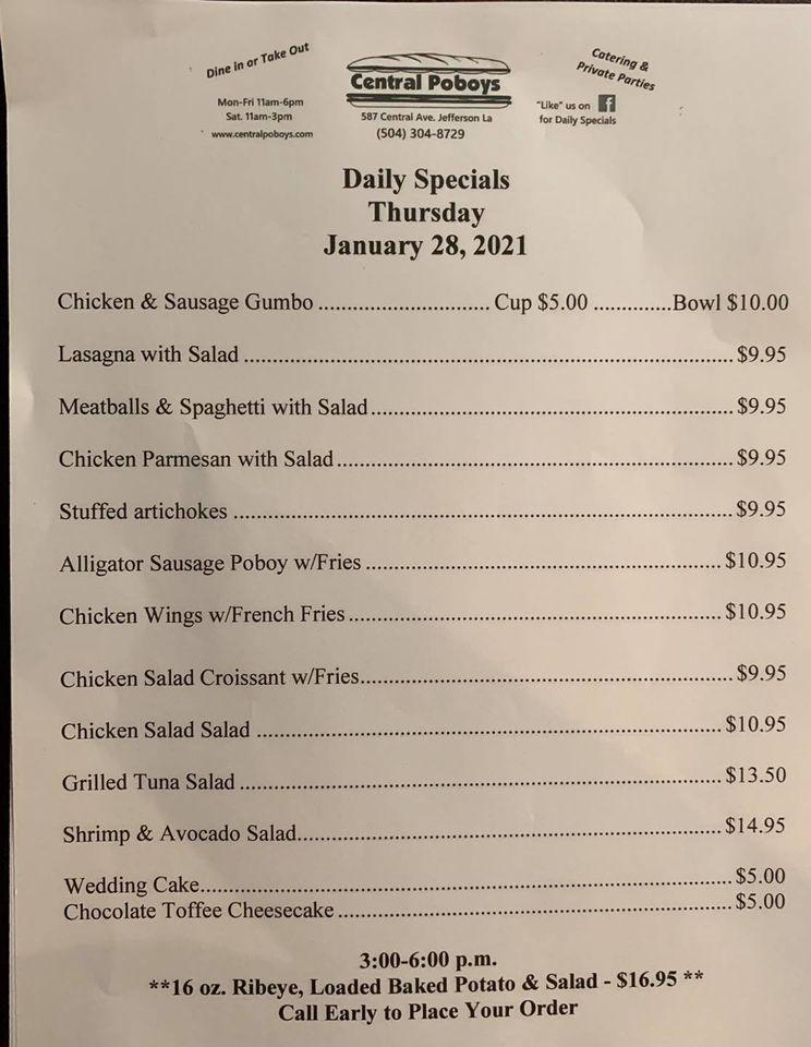Menu at Central Poboys restaurant, Jefferson