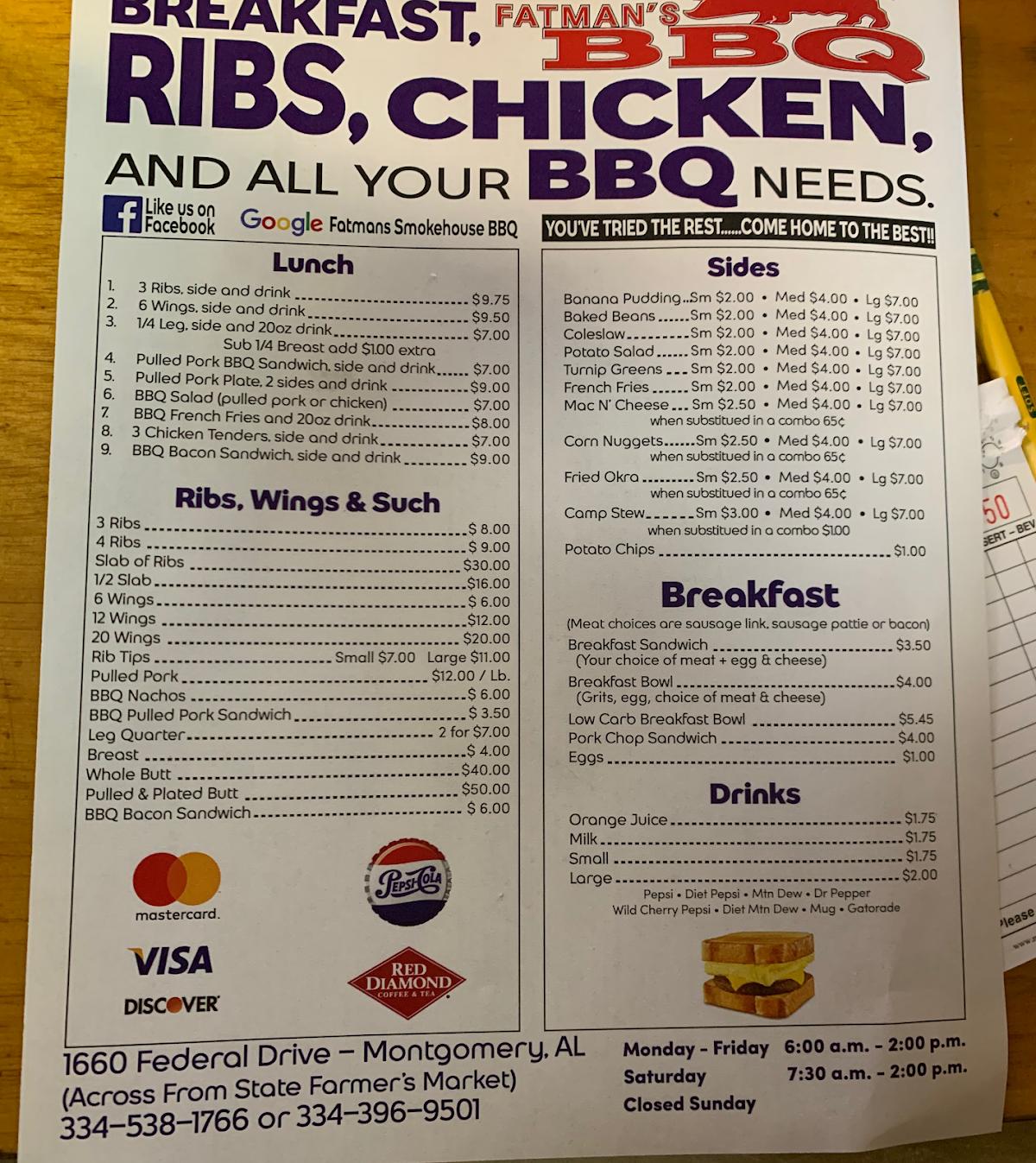 Menu at Fat Man's Smokehouse BBQ, Montgomery, Federal Dr