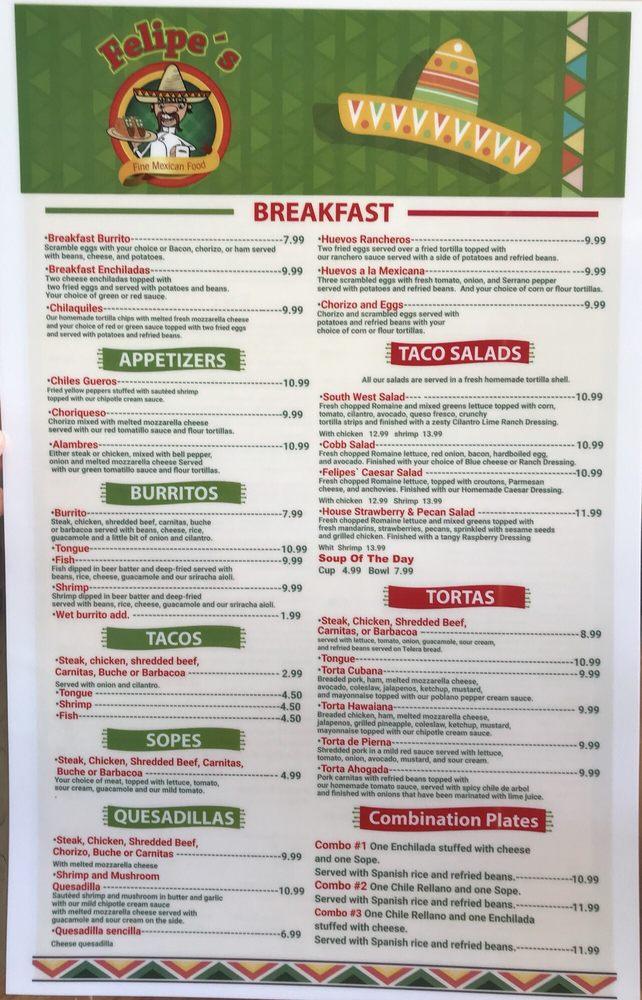 Menu at Felipe's Palm Springs restaurant, Palm Springs