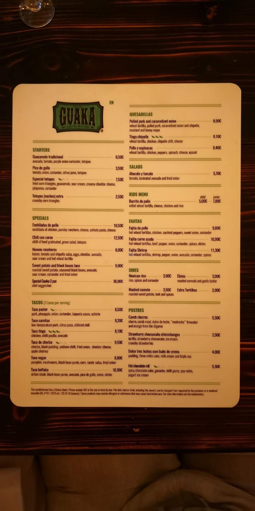 Menu at Guaka restaurant, Faro
