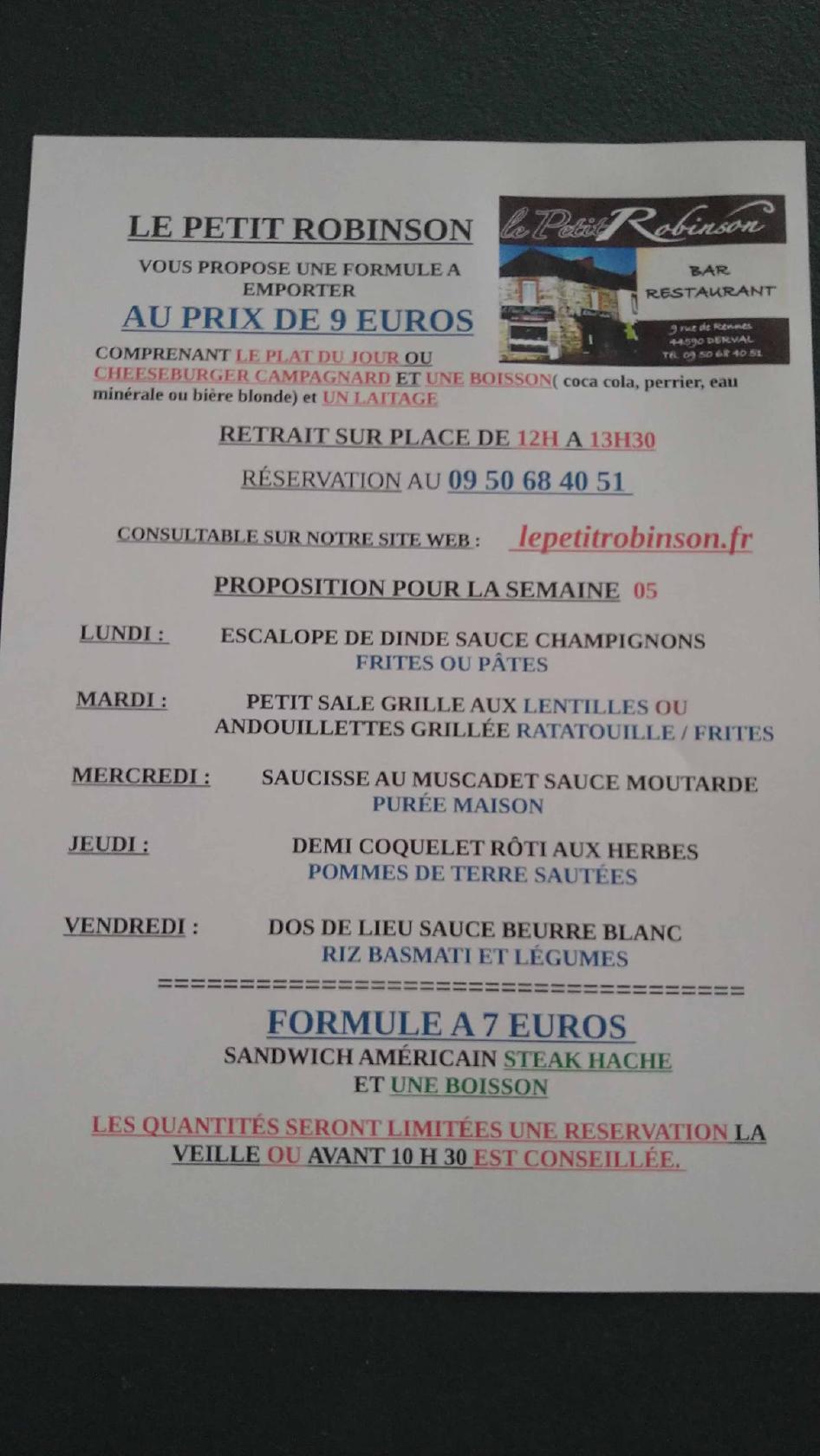 Menu at Le Petit Robinson restaurant, Derval