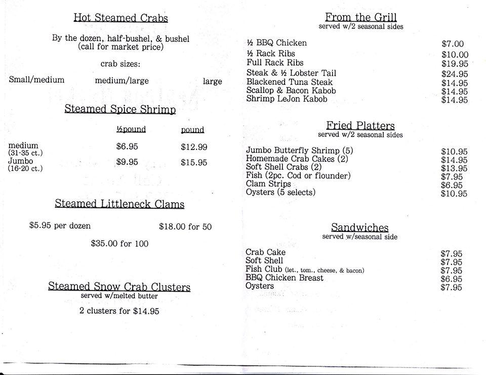 Menu at Longneck Seafood Market restaurant, Long Neck