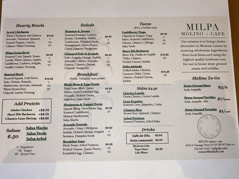 Menu at Milpa restaurant, Las Vegas