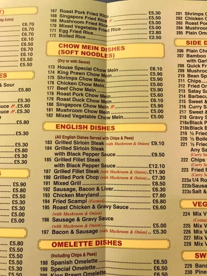 Menu at New Dragon City, Tutbury