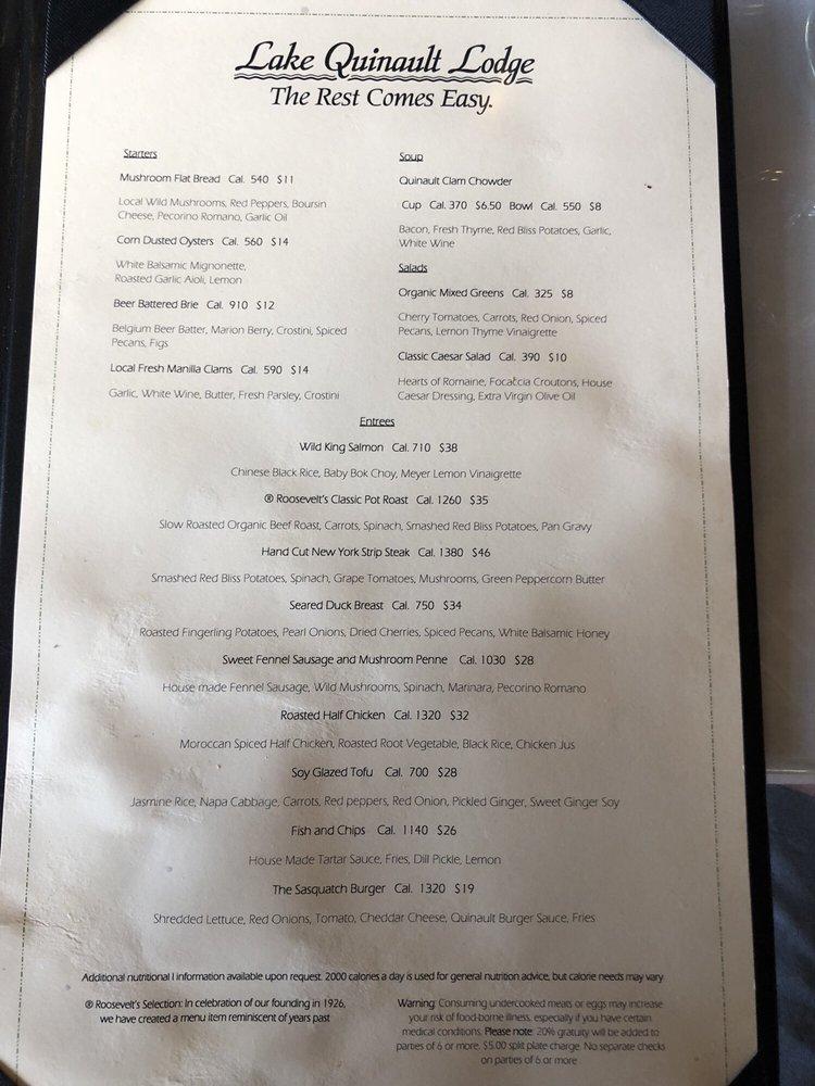 Menu at Roosevelt Dining Room restaurant, Quinault